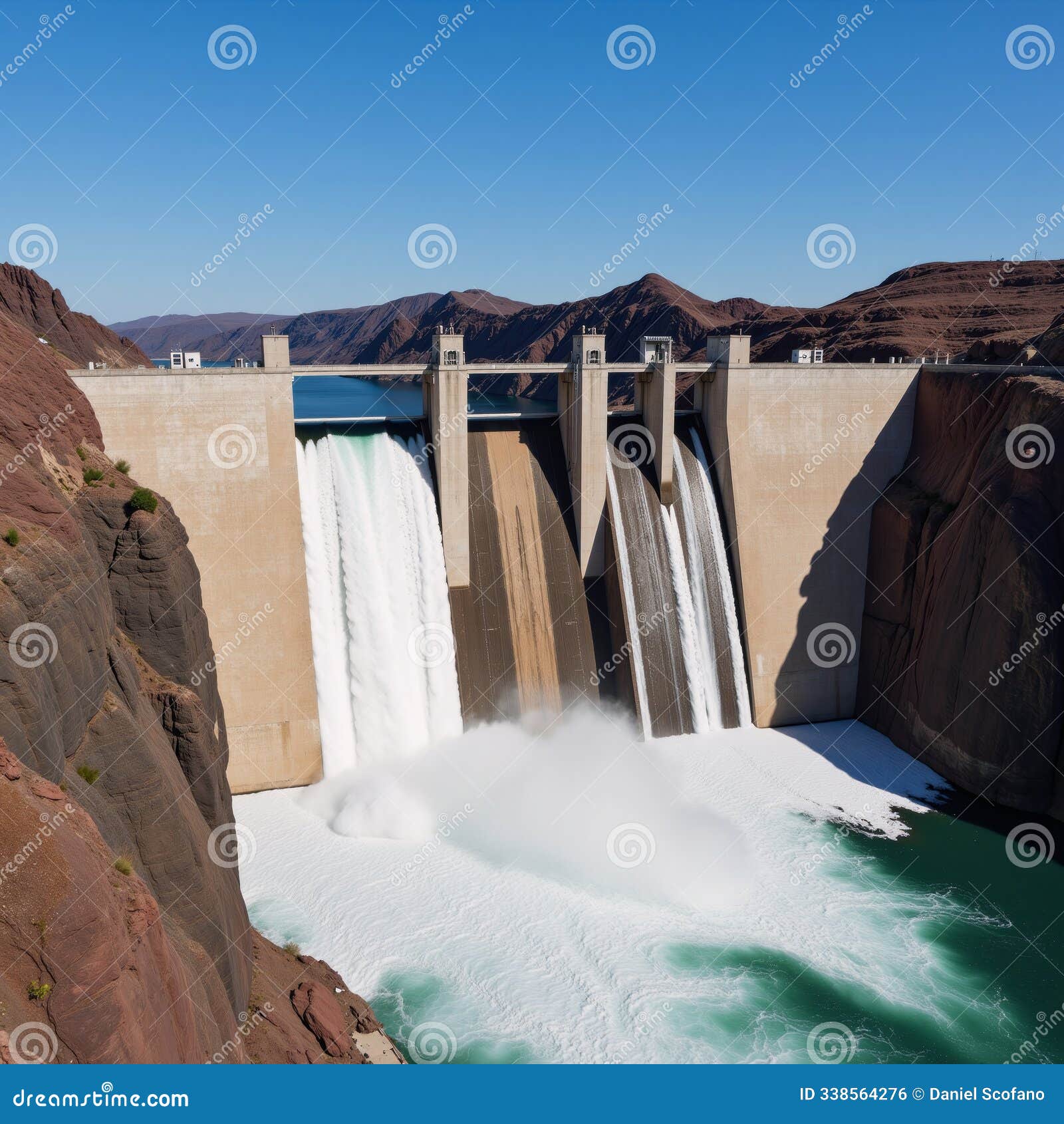 River Flows Beneath a Towering Dam Structure Stock Illustration ...