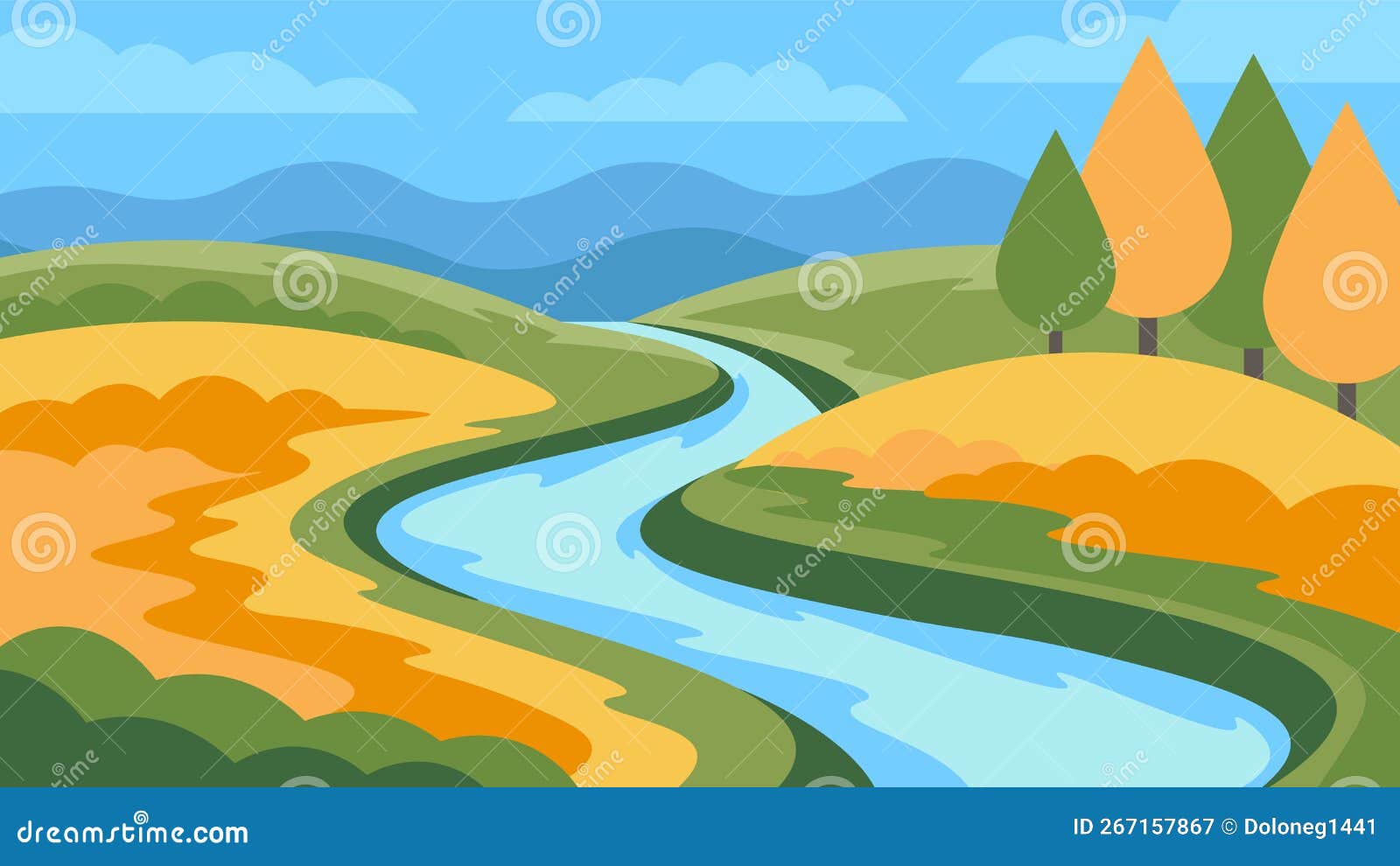 River Flows through Fields Landscape Stock Vector - Illustration of ...