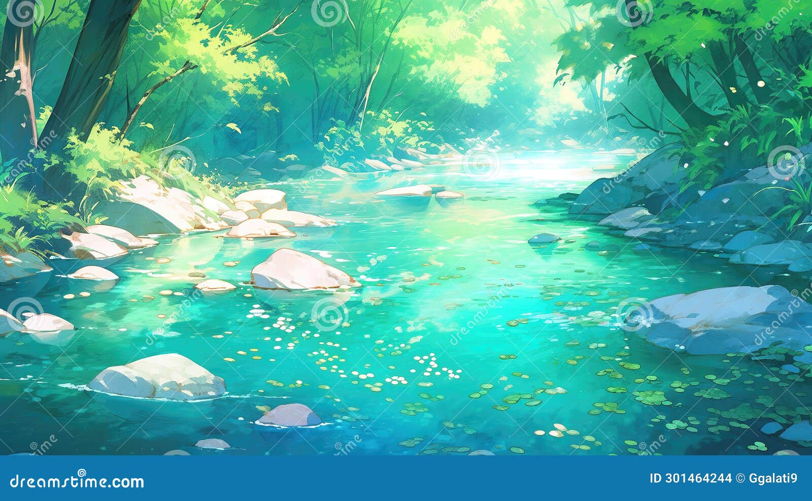 A River Flows through a Forest, Anime Manga Wallpaper Artwork Stock ...