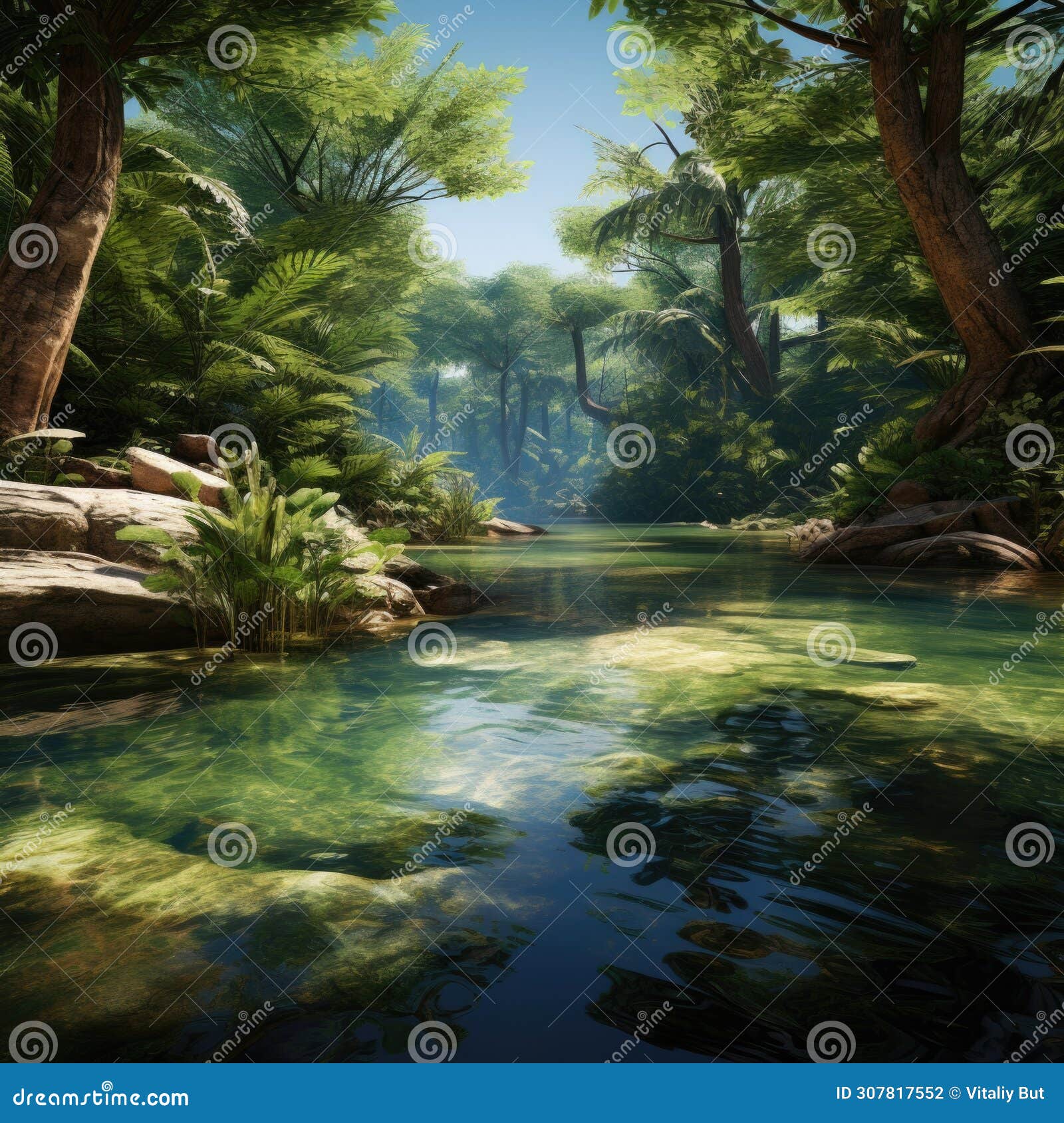 The Shimmering River Bends through a Vibrant Green Forest. Generative ...