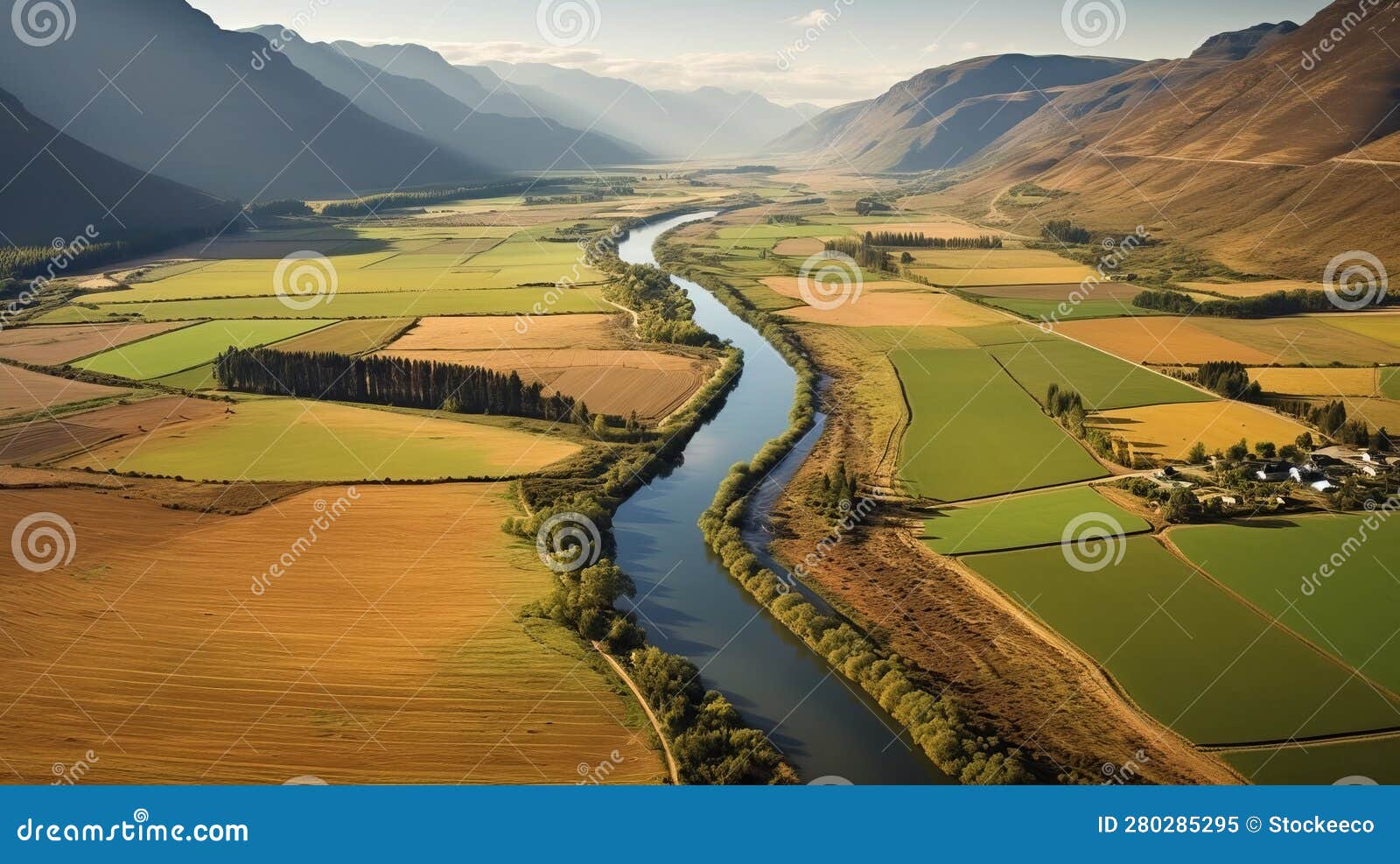 Aerial View of River and Wheat Fields in Whistlerian Style Stock ...
