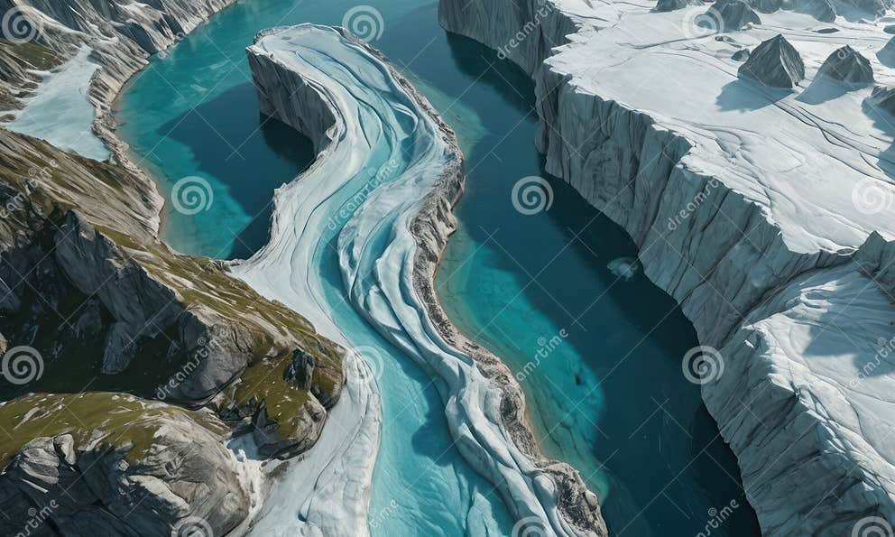A River Flows through a Valley between Two Cliffs, with Snow on the ...