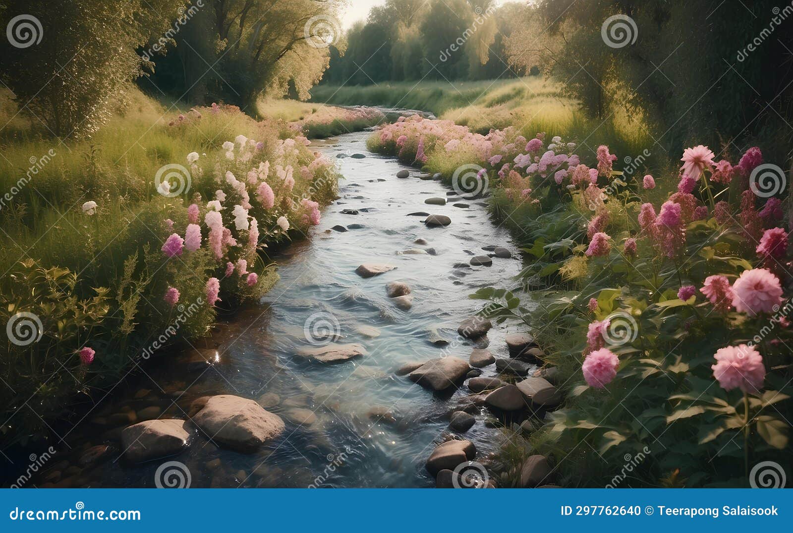 A River in Forest with Beautiful Blooming Flowers Stock Illustration ...