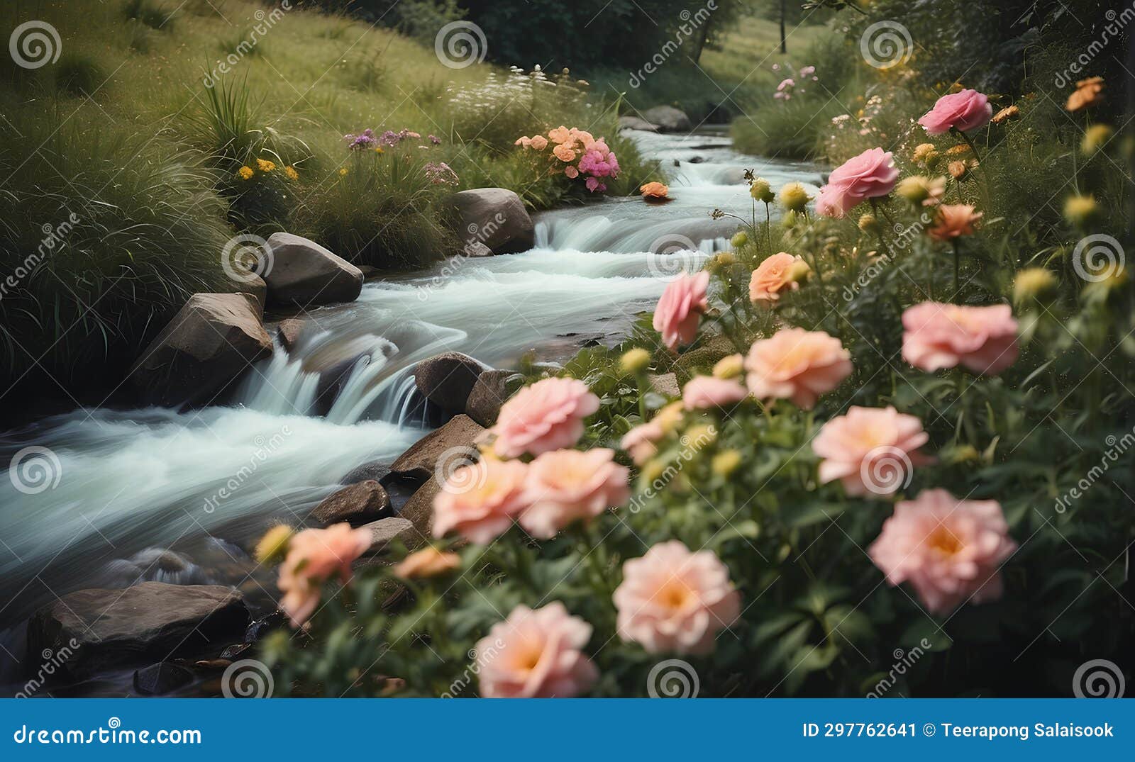 A River in Forest with Beautiful Blooming Flowers Stock Illustration ...