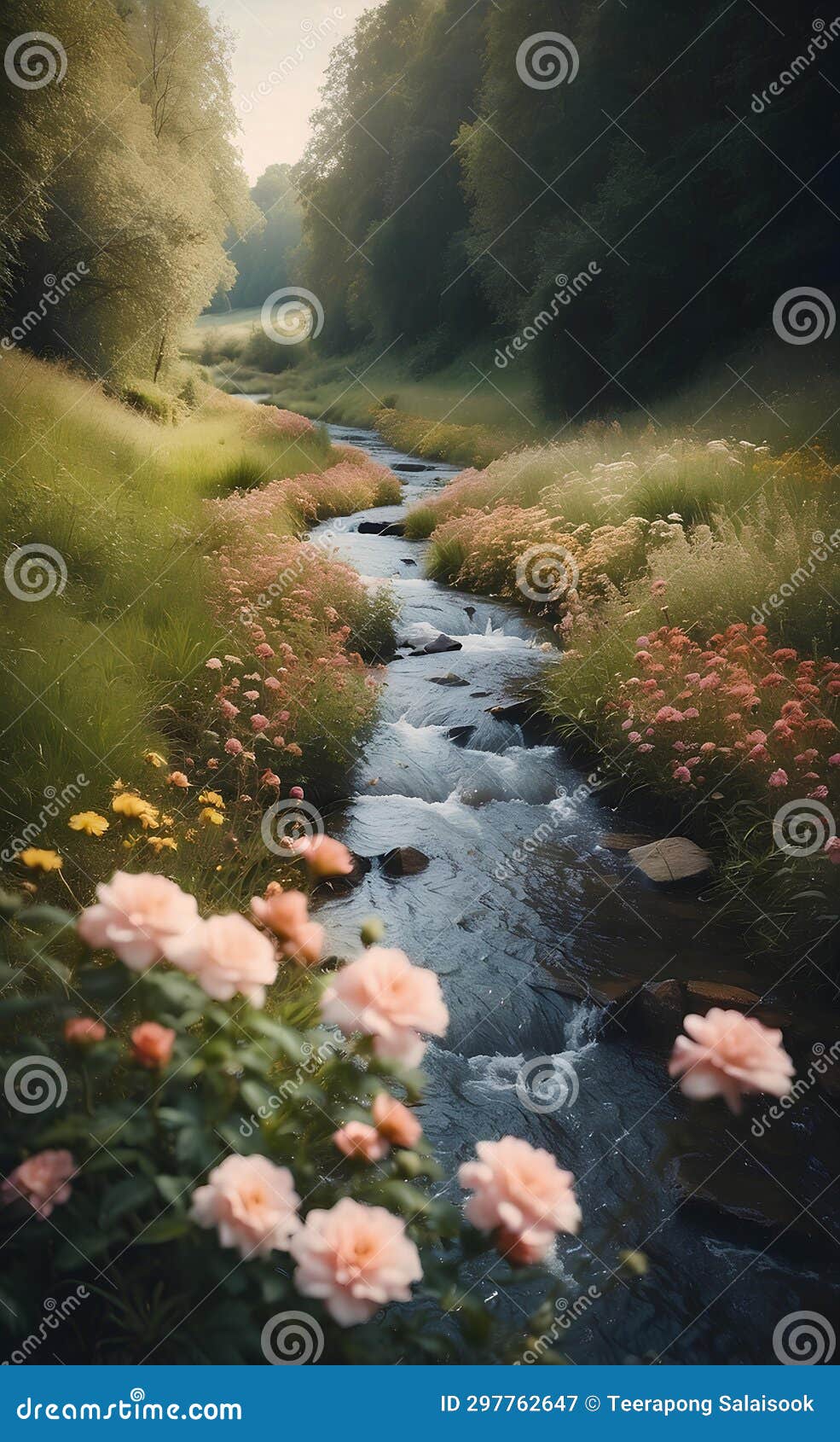 A River in Forest with Beautiful Blooming Flowers Stock Illustration ...