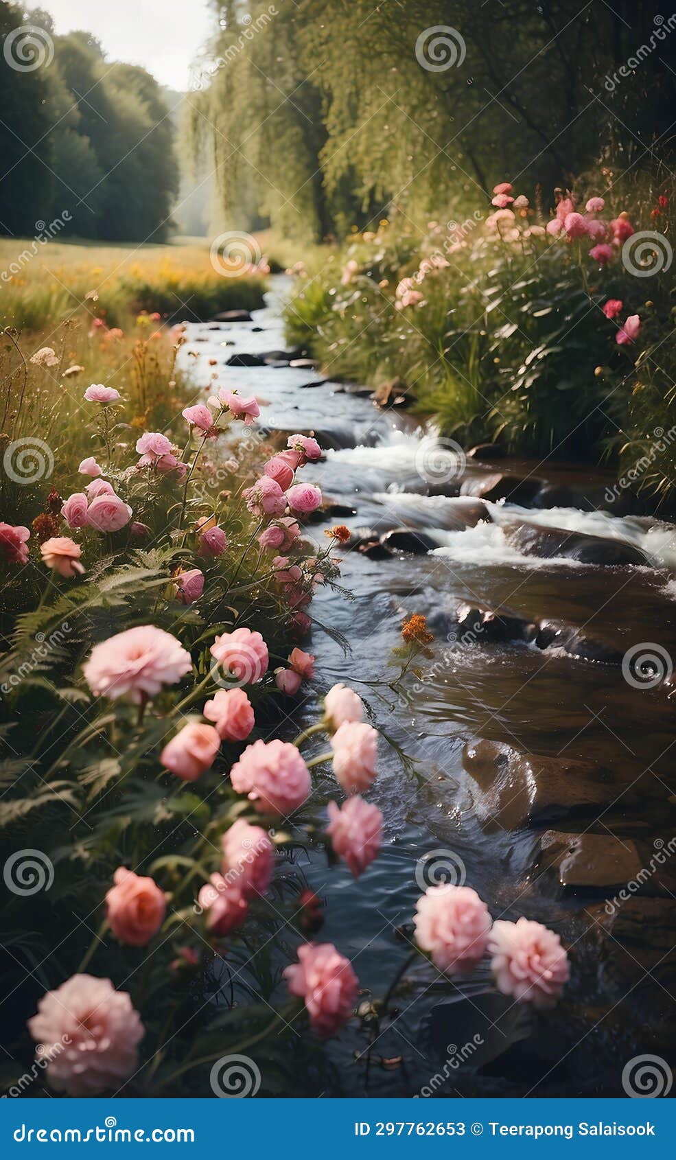 A River in Forest with Beautiful Blooming Flowers Stock Illustration ...