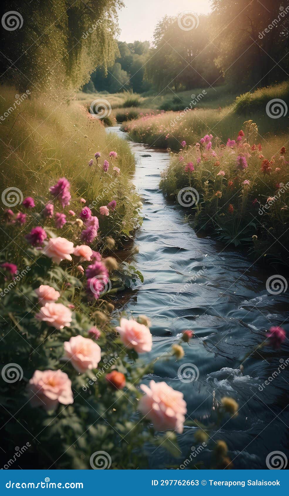 A River in Forest with Beautiful Blooming Flowers Stock Illustration ...