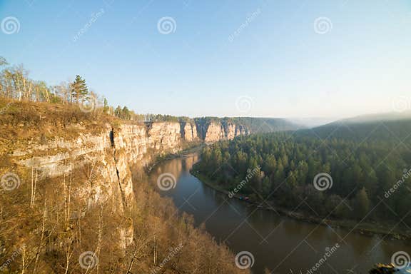 River in the Forest and Cliffs Edge Stock Photo - Image of waterway ...