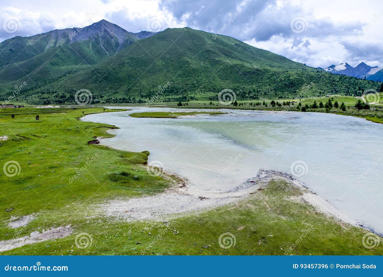 The River and Green Mountain Landscape at Tibet, China Stock Photo ...
