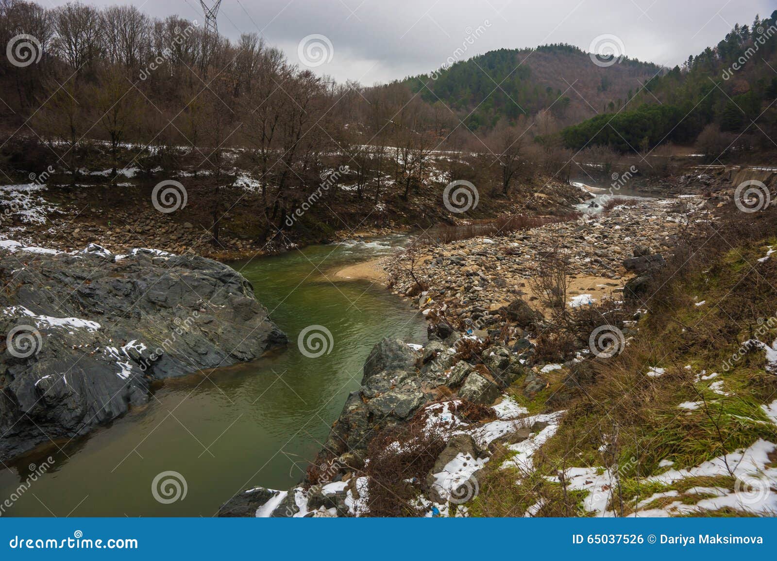 River with Green Waters, Snow and Ice Near Xanthi in Greece Stock Photo ...