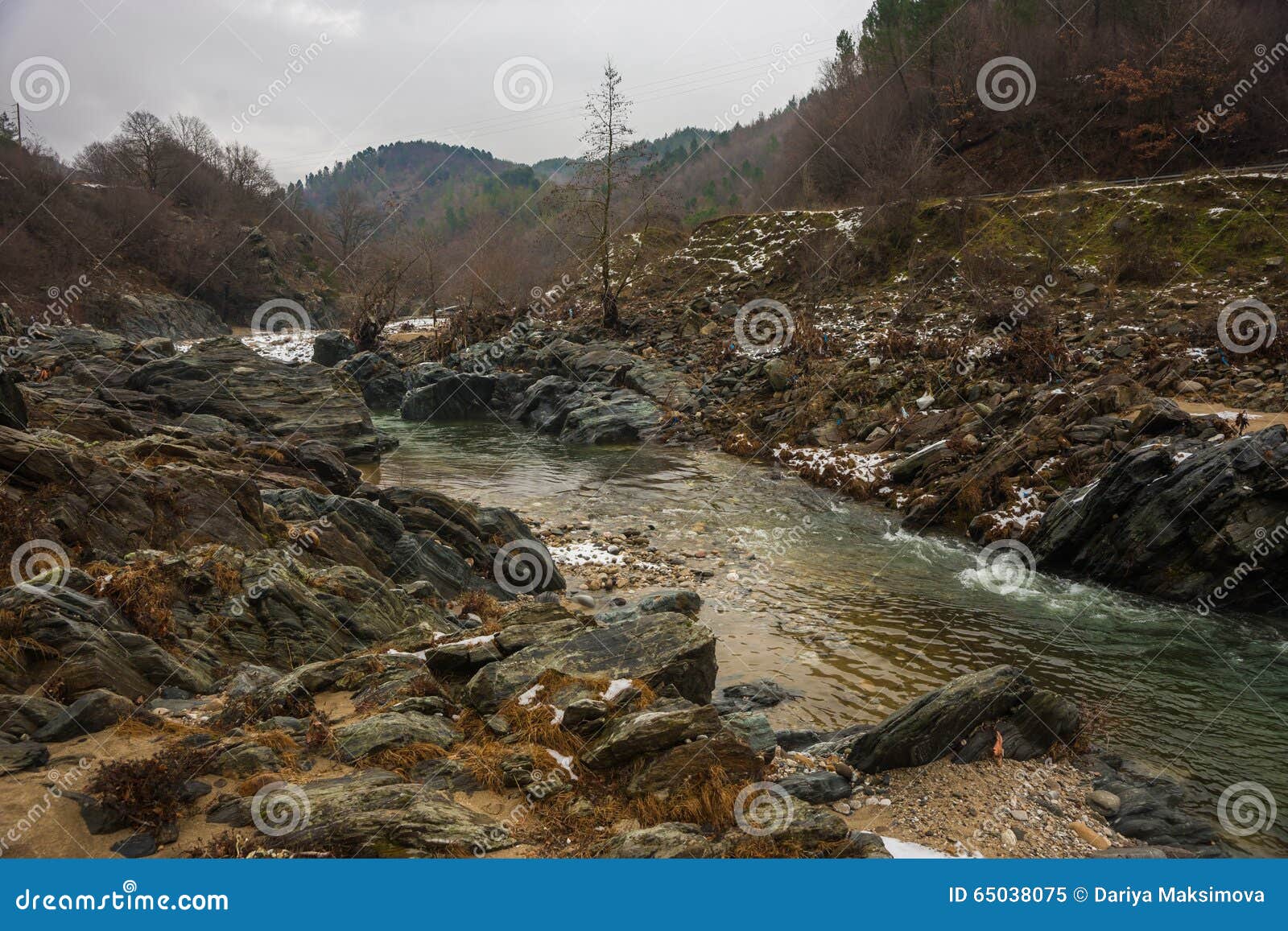 River with Green Waters, Snow and Ice Near Xanthi in Greece Stock Image ...