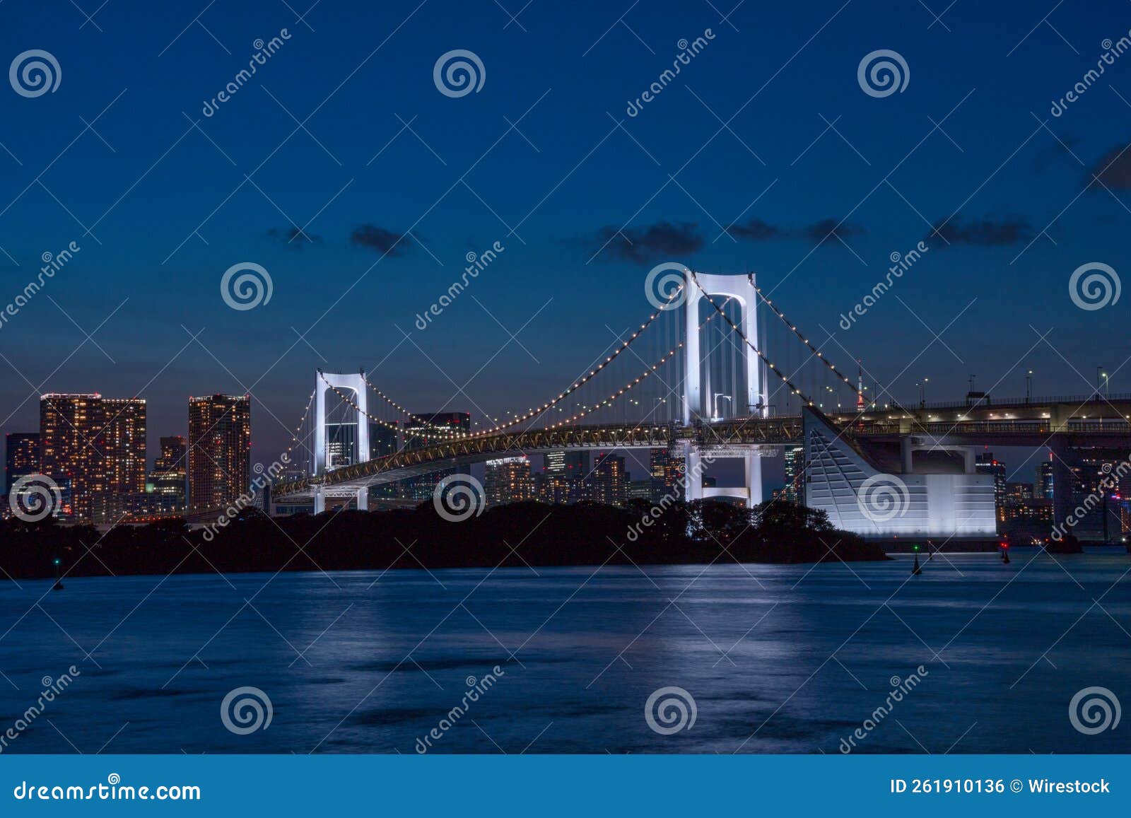 River with an Illuminated Bridge and City Architectures at Night Stock ...