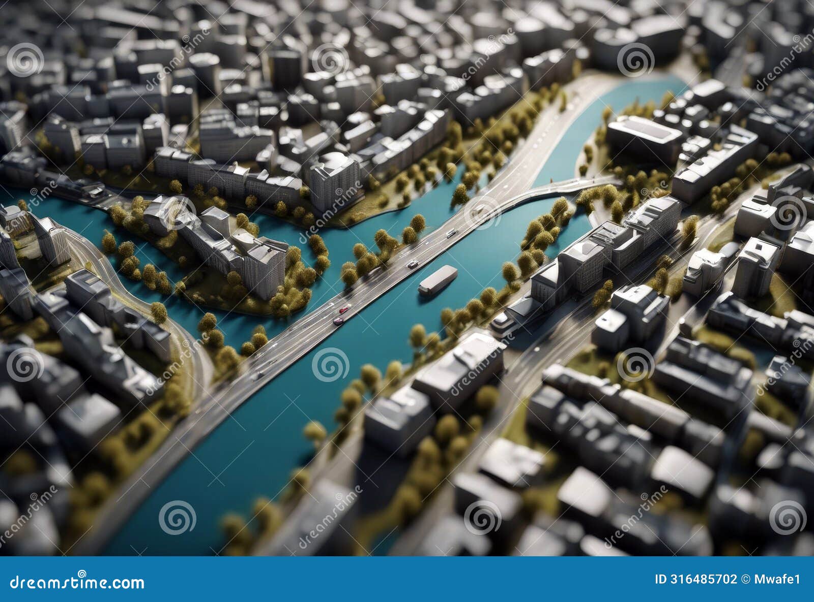 River Illustration 3D City View Building Rendered 3D Road Map Top Stock ...