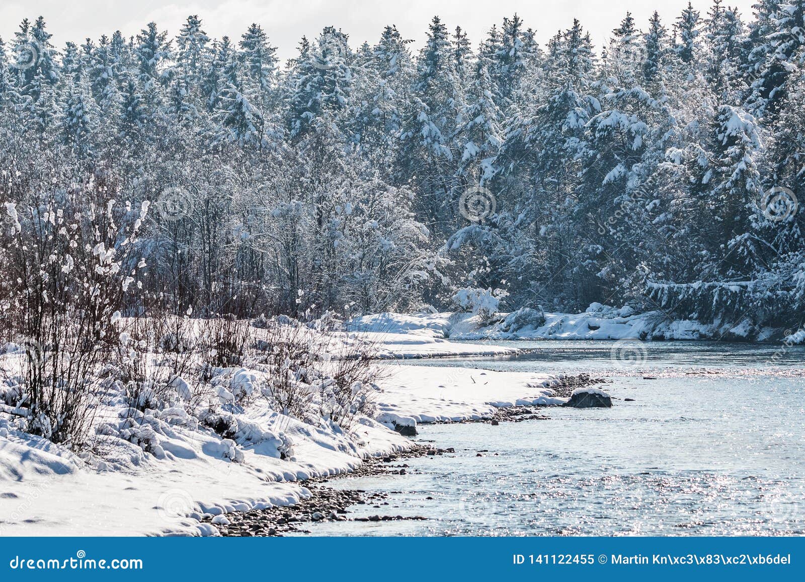 River isar in winter snow stock image. Image of waldram - 141122455