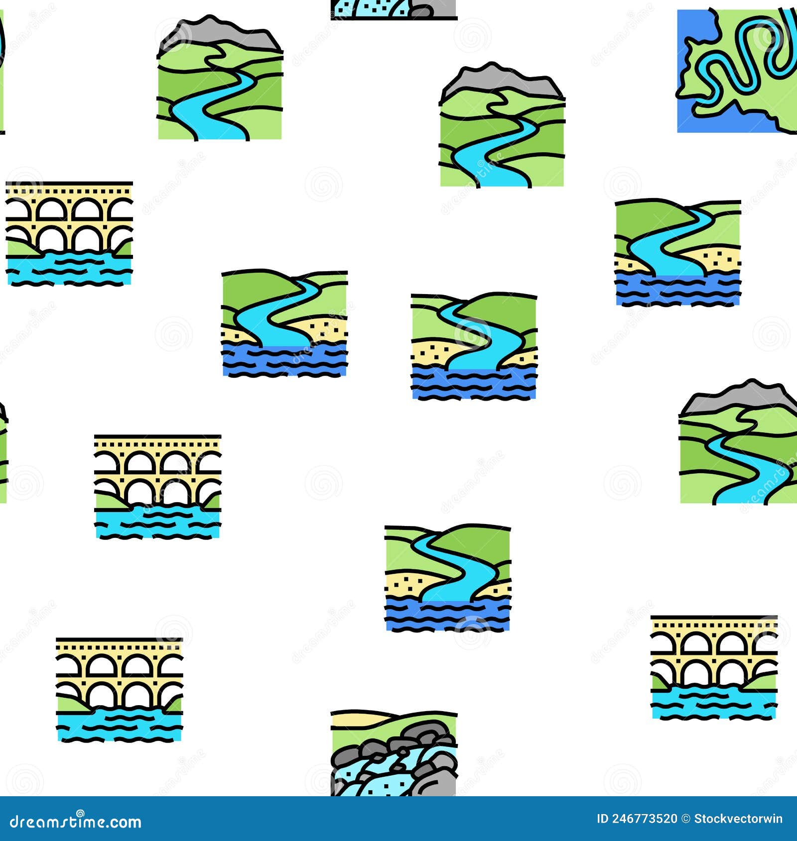 River and Lake Nature Landscape Vector Seamless Pattern Stock ...