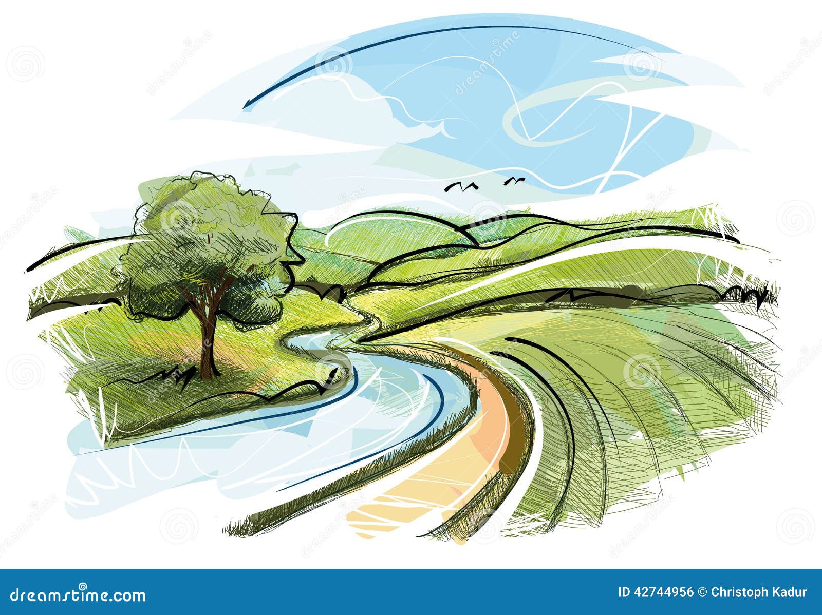 River Landscape stock illustration. Illustration of drawing - 42744956