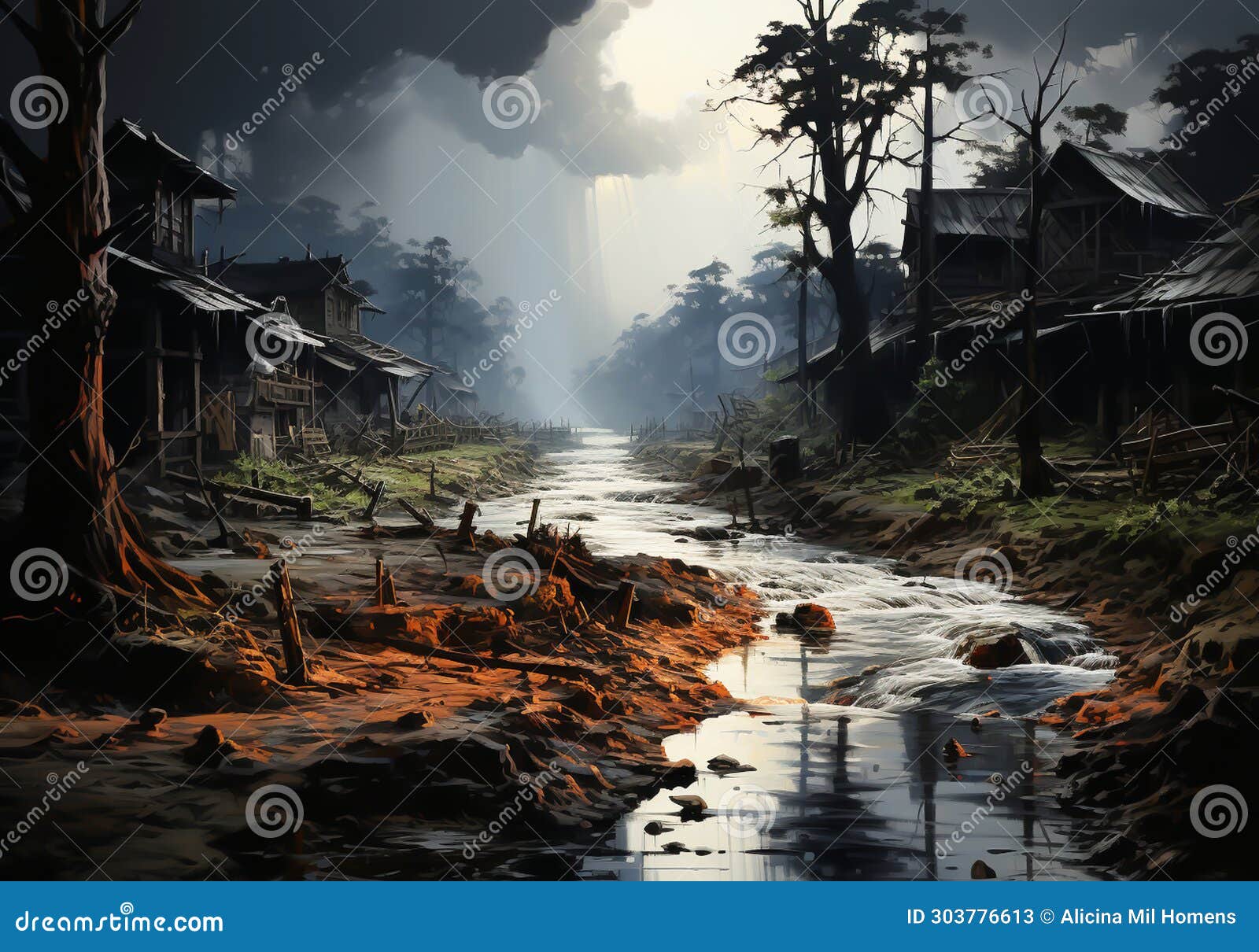 River Landscape with Flooded Fields. AI Generated Stock Illustration ...