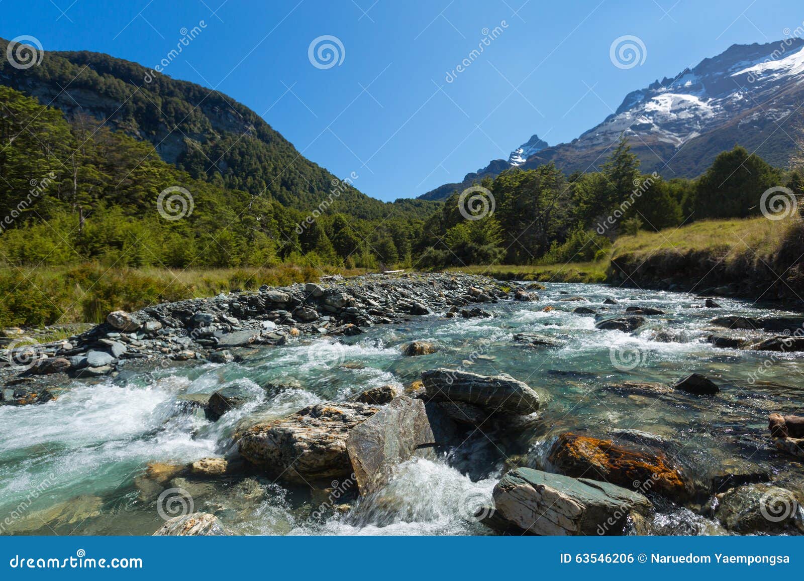 River Landscape with Green Forest and Mountain Stock Photo - Image of ...