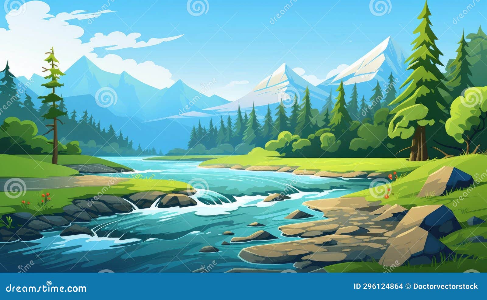 River Landscape Illustration in Cartoon Stile. AI Generated Stock ...