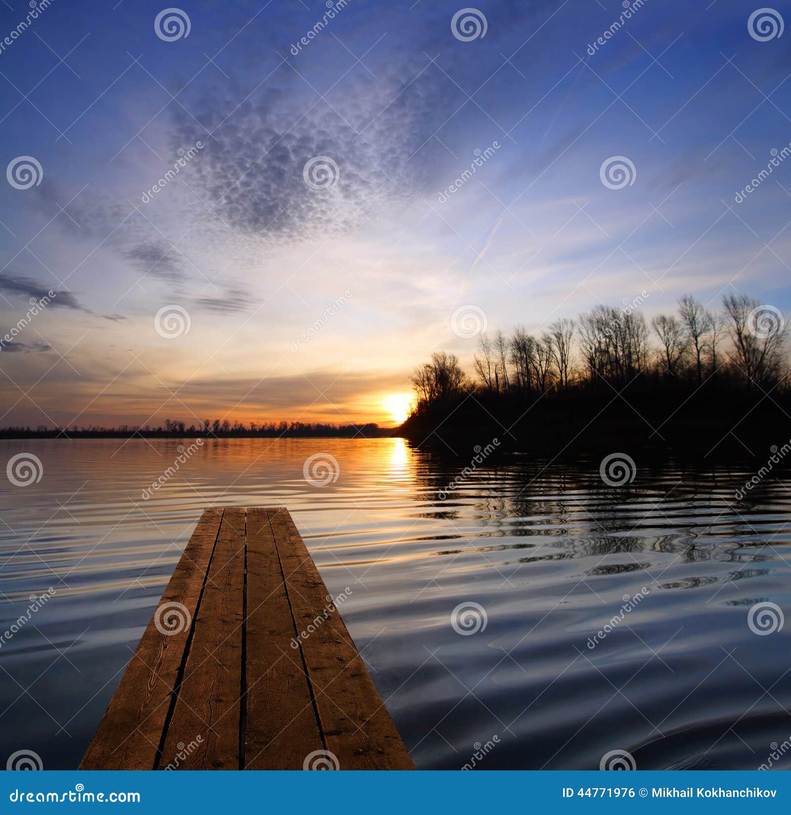 River Landscape with Pier and Sunset on River Stock Photo - Image of ...