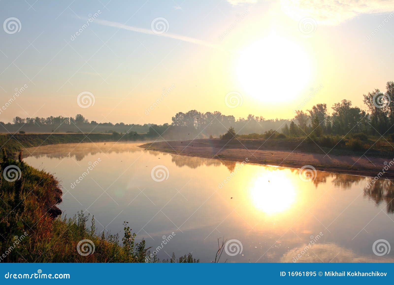 River Landscape with Sunrise Stock Image - Image of silhouette, forest ...