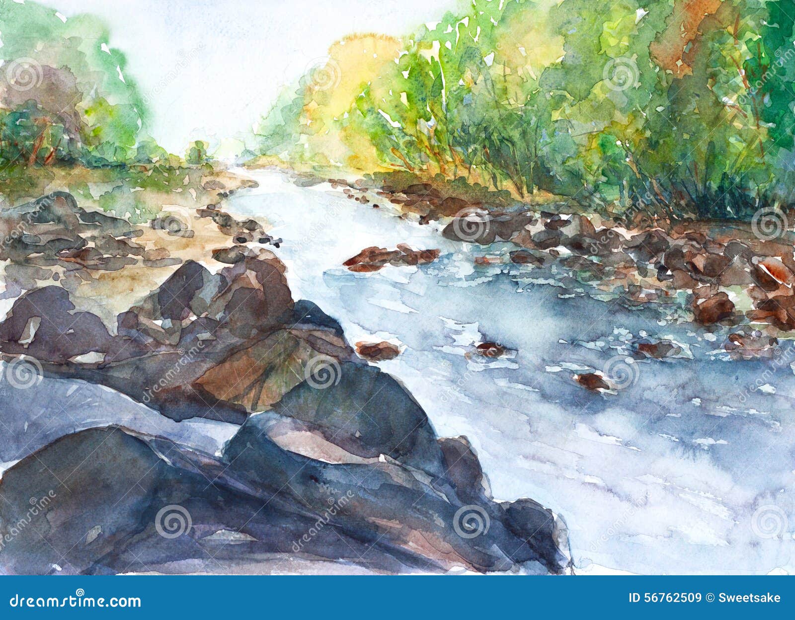 River Landscape Watercolor Painted Stock Illustration - Illustration of ...