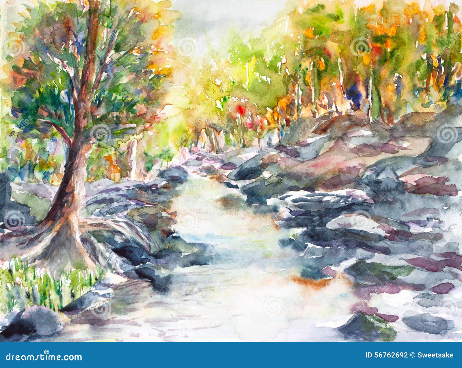 River Landscape Watercolor Painted Stock Illustration - Illustration of ...