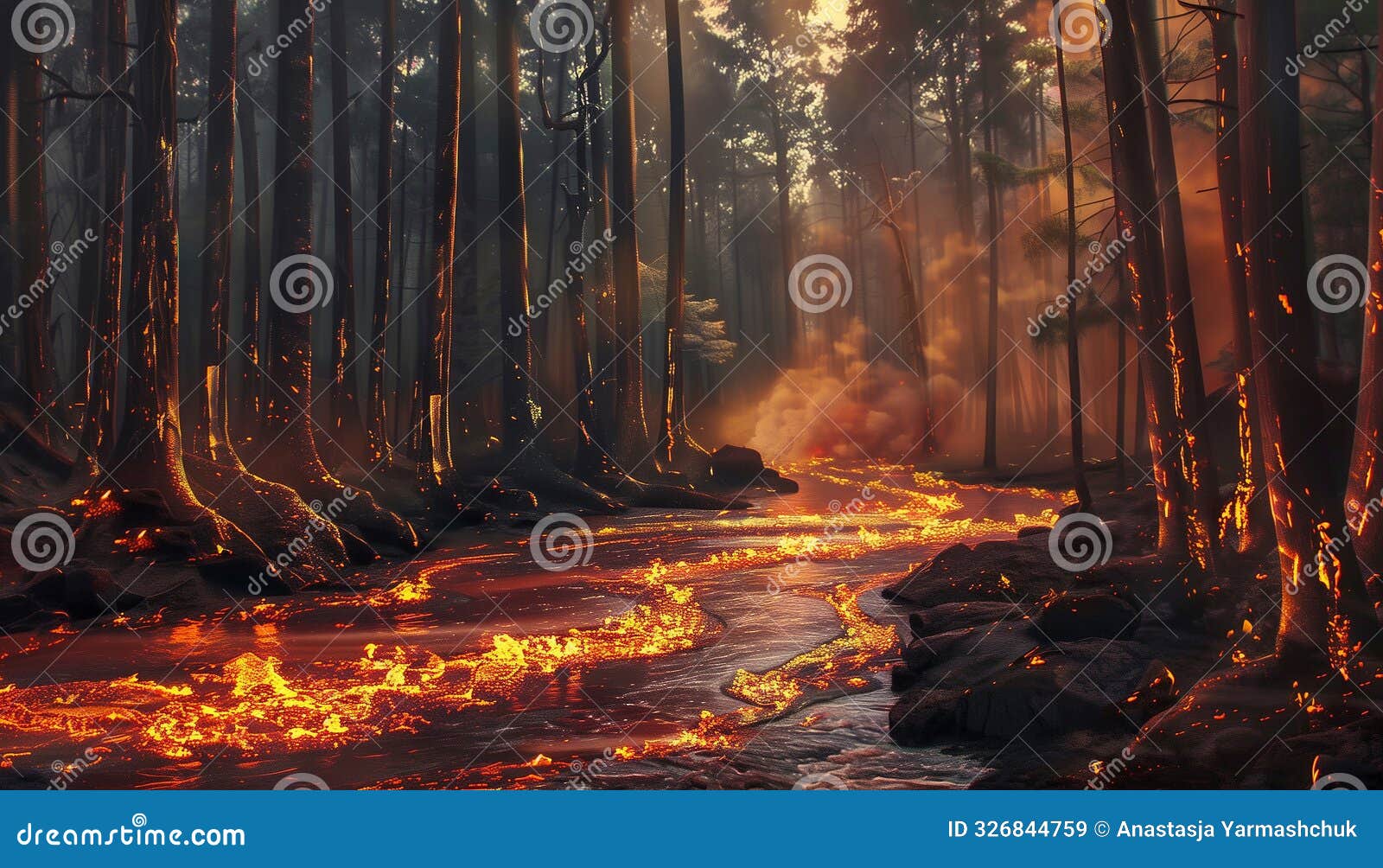 A River of Lava Flowing through a Forest of Fire Trees. Generative AI ...