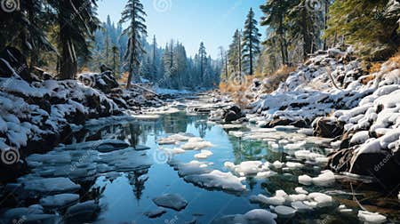 A River of Melting Ice Flows through a Forest. Created with Generative ...