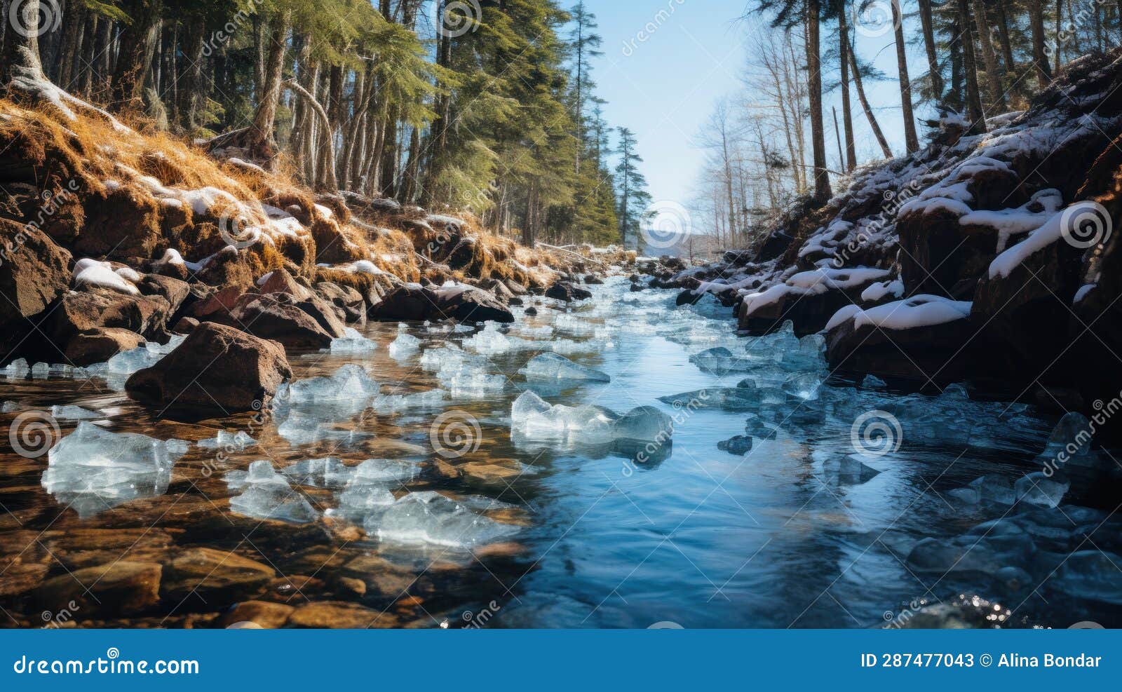 A River of Melting Ice Flows through a Forest. Created with Generative ...