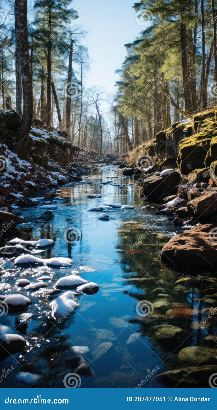 A River of Melting Ice Flows through a Forest. Created with Generative ...