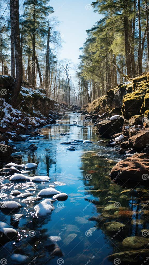 A River of Melting Ice Flows through a Forest. Created with Generative ...