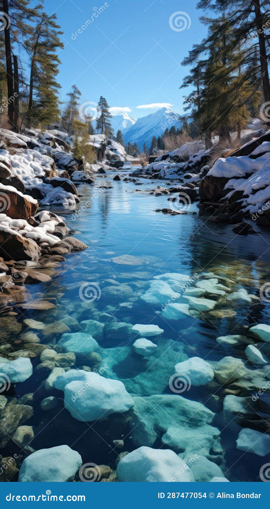 A River of Melting Ice Flows through a Forest. Created with Generative ...
