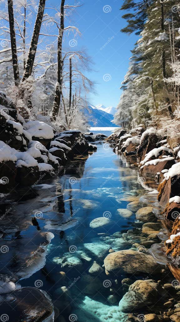 A River of Melting Ice Flows through a Forest. Created with Generative ...