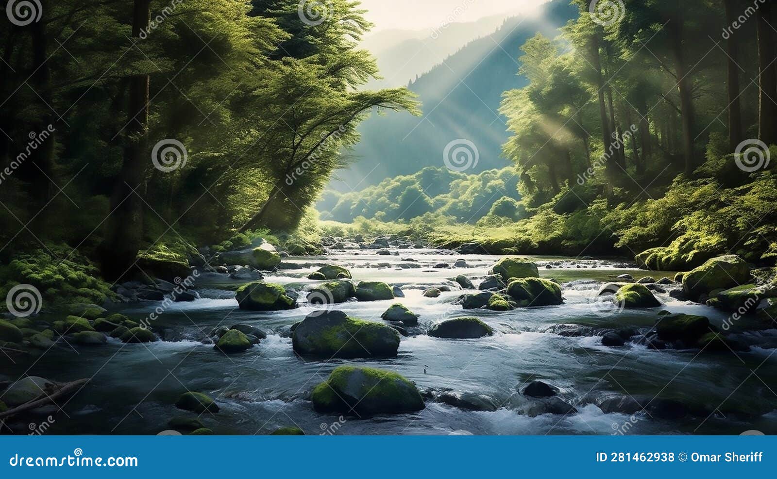 River on forest stock illustration. Illustration of sunlight - 281462938