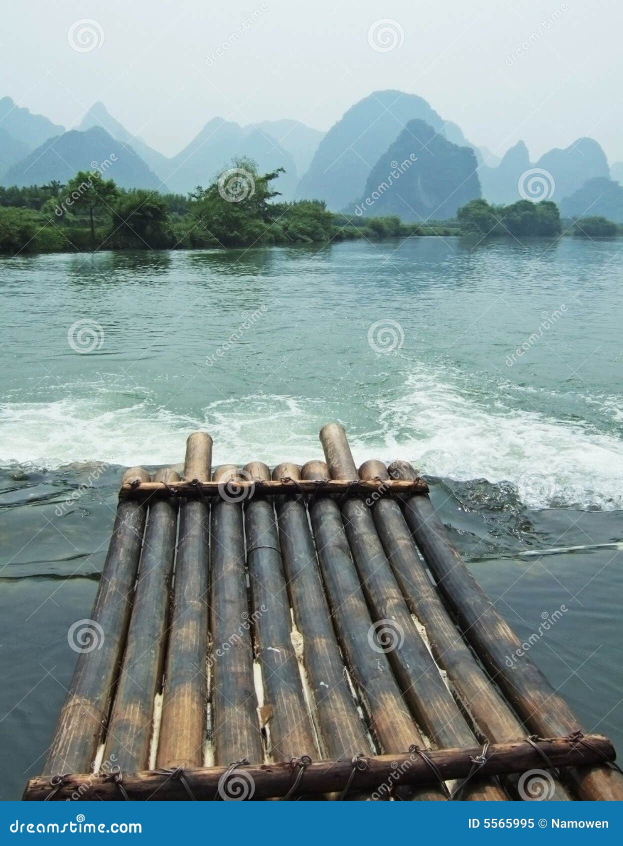 River, Mountain and Bamboo Raft Stock Image - Image of bamboo, raft ...