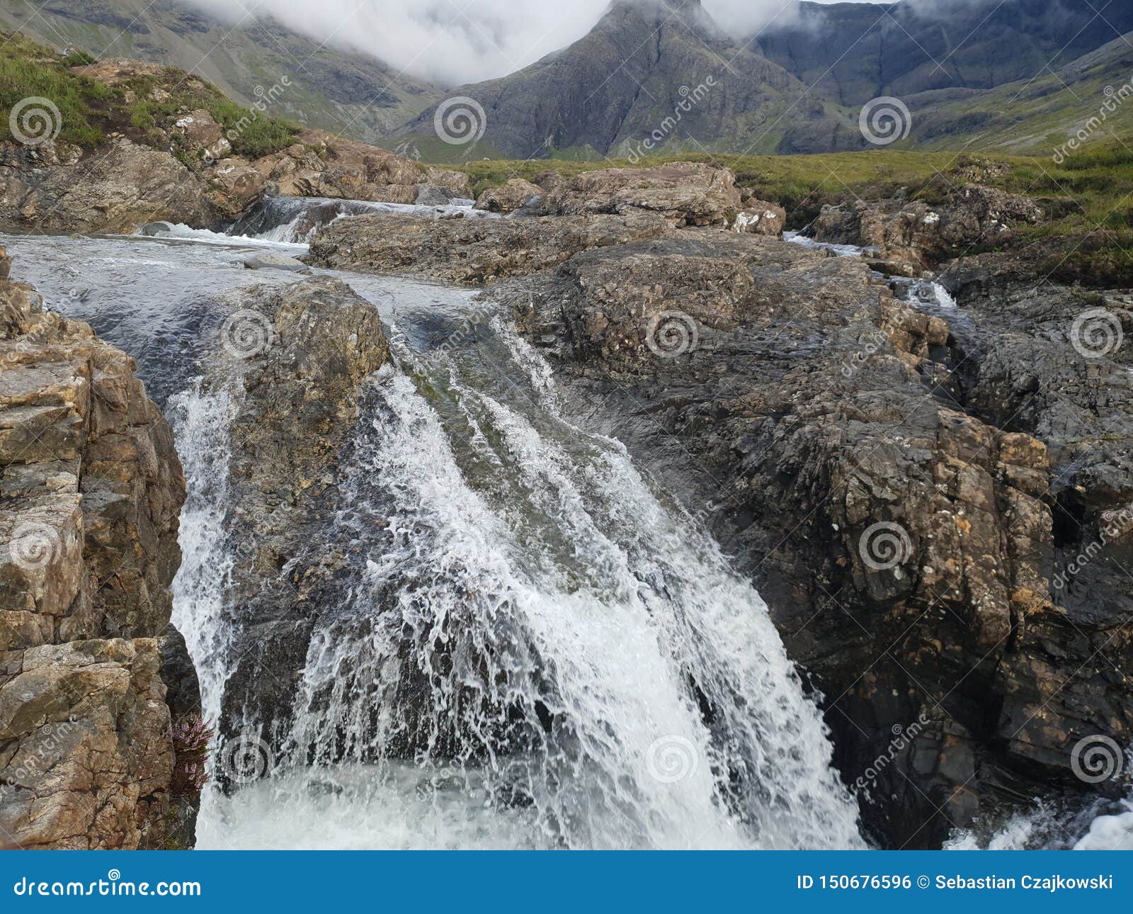 River from Mountain with Storm Clouds and Waterfall Stock Photo - Image ...