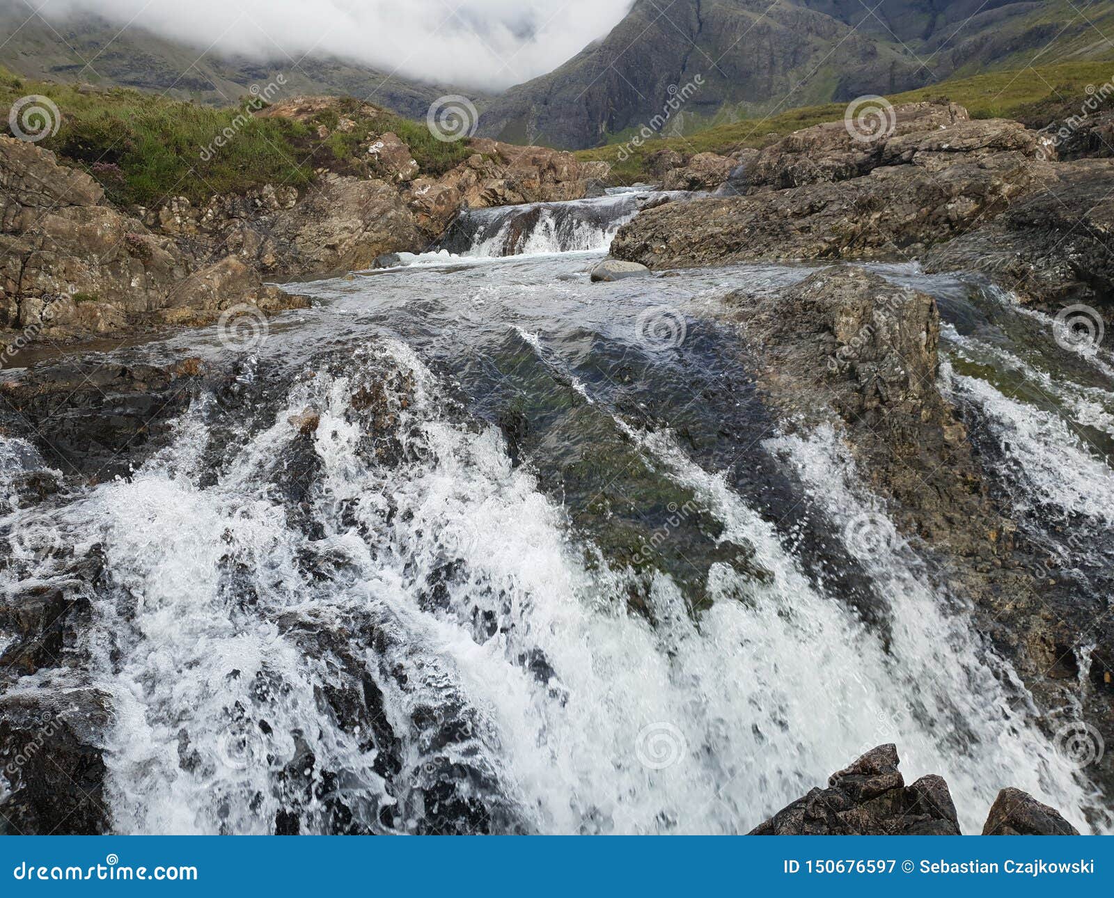 River from Mountain with Storm Clouds and Waterfall Stock Image - Image ...