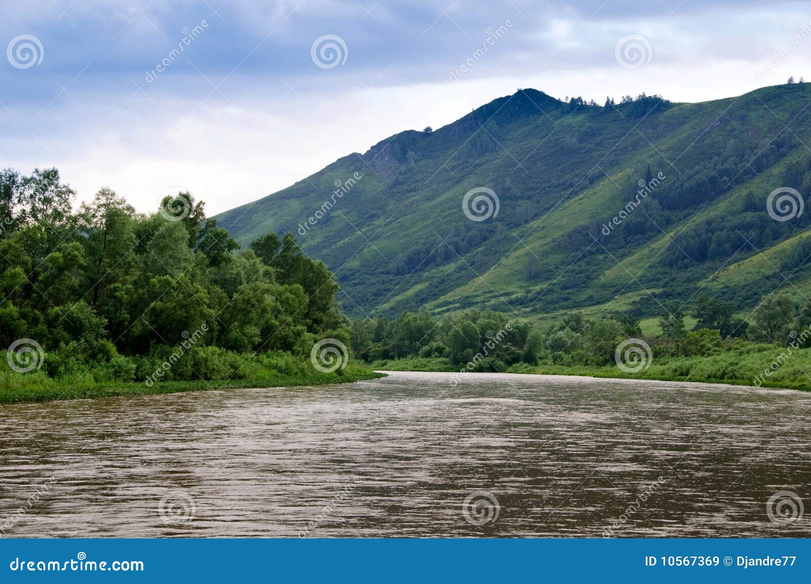 The River, Mountains and Overcast Sky. Stock Image - Image of ...