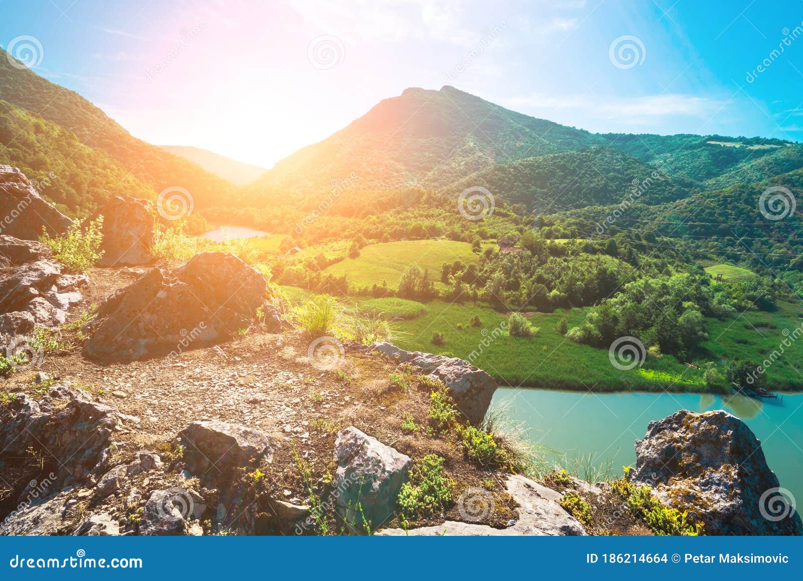 River and Mountains in the Sundown Landscape Stock Photo - Image of ...
