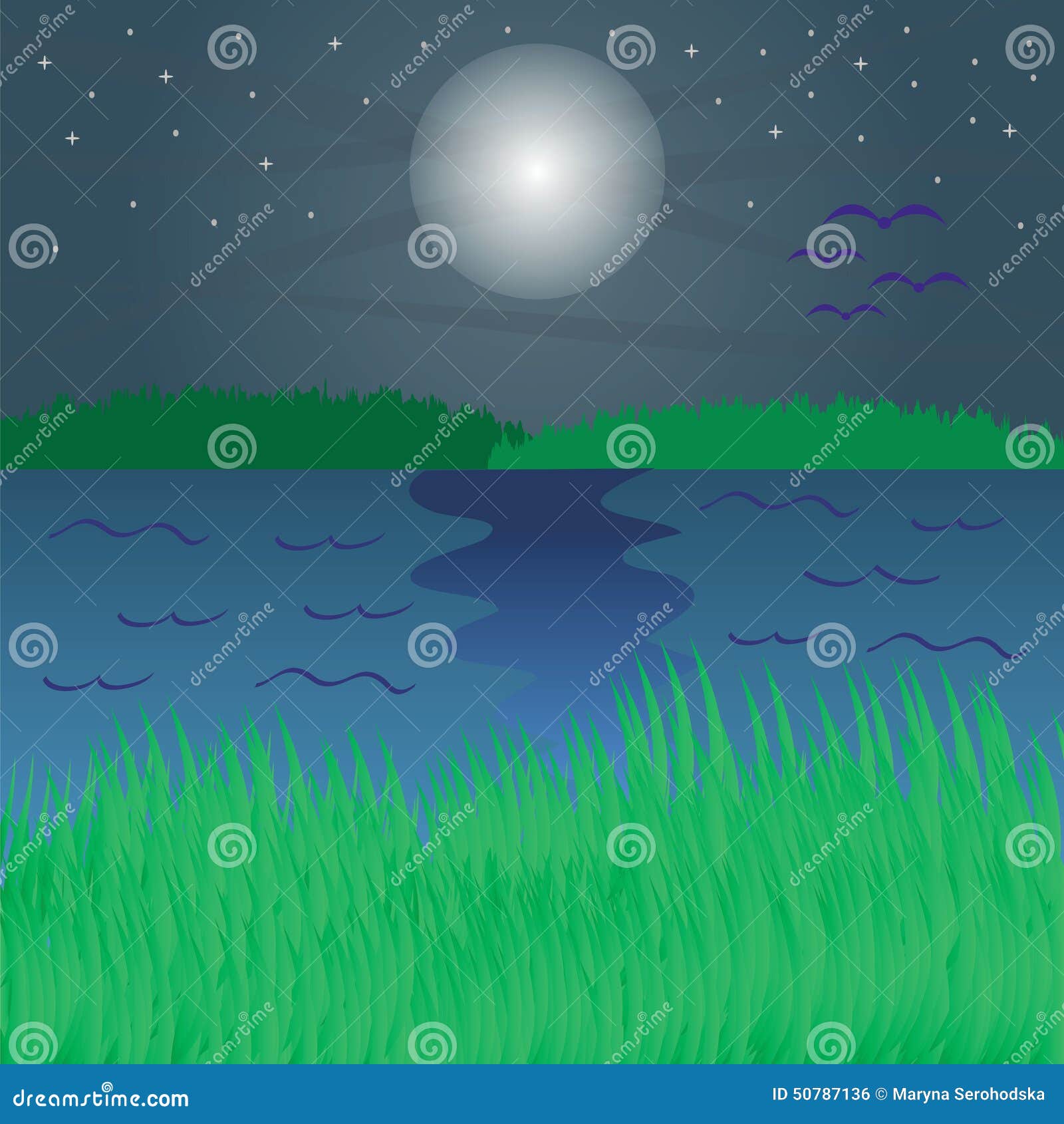 River at night stock vector. Illustration of moon, landscape - 50787136