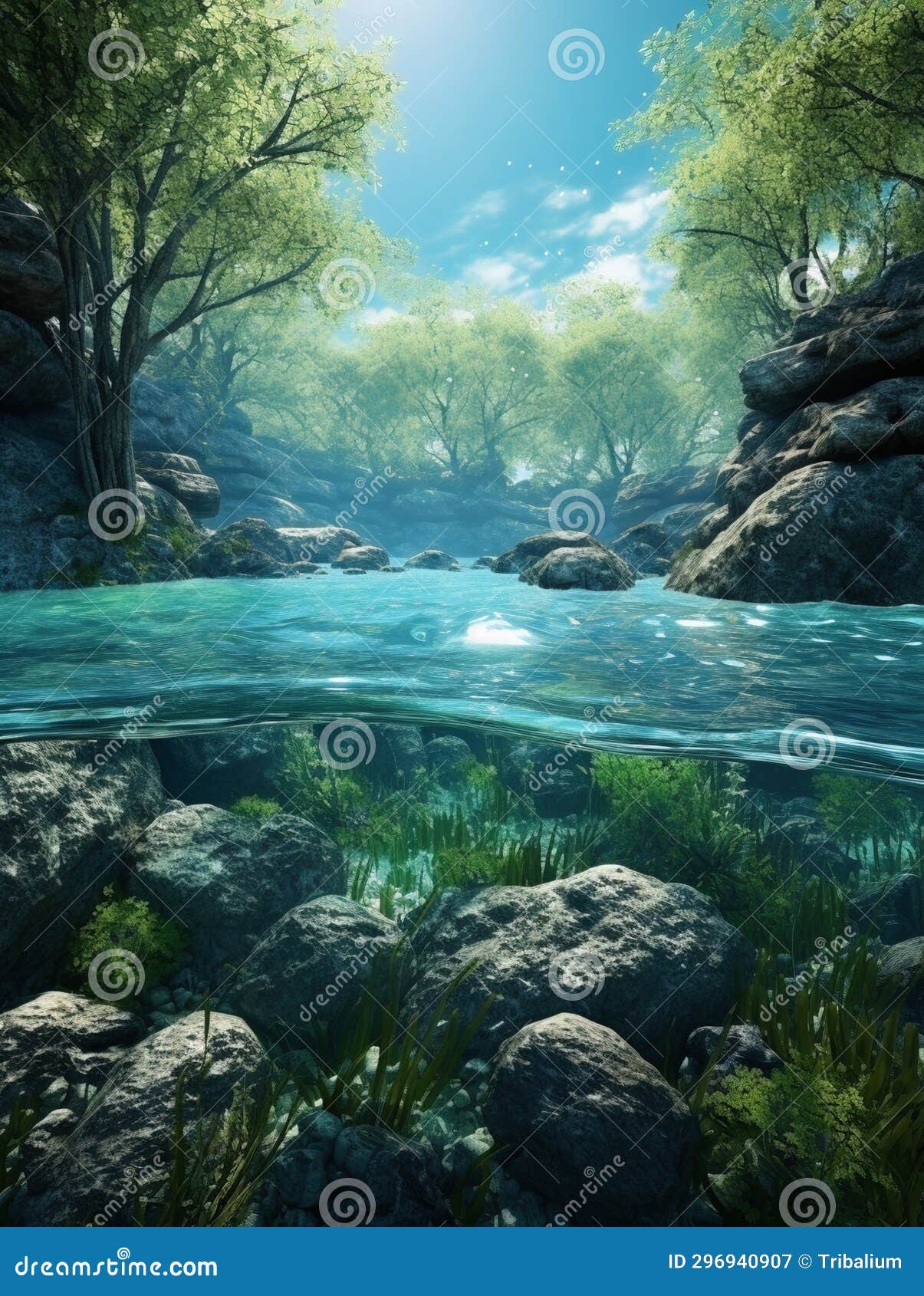 River Over and Under Water Surface with Green Vegetation AI-generated ...