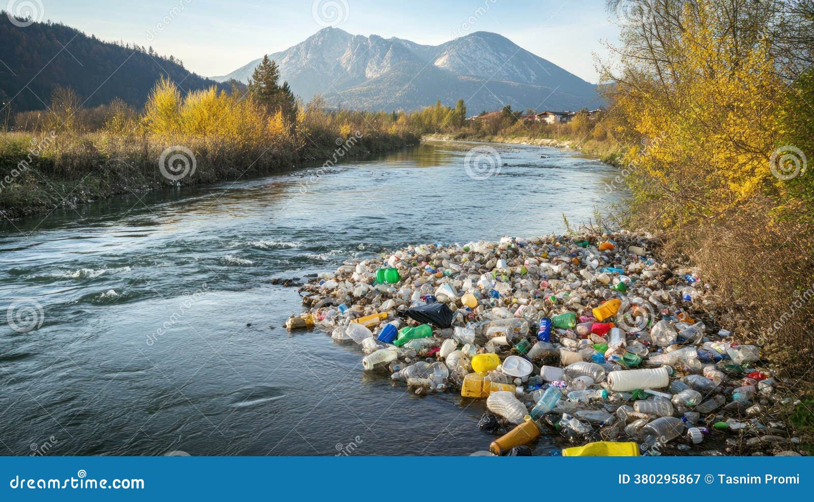 River Polluted With Green Toxic Waste With Factory In Background ...
