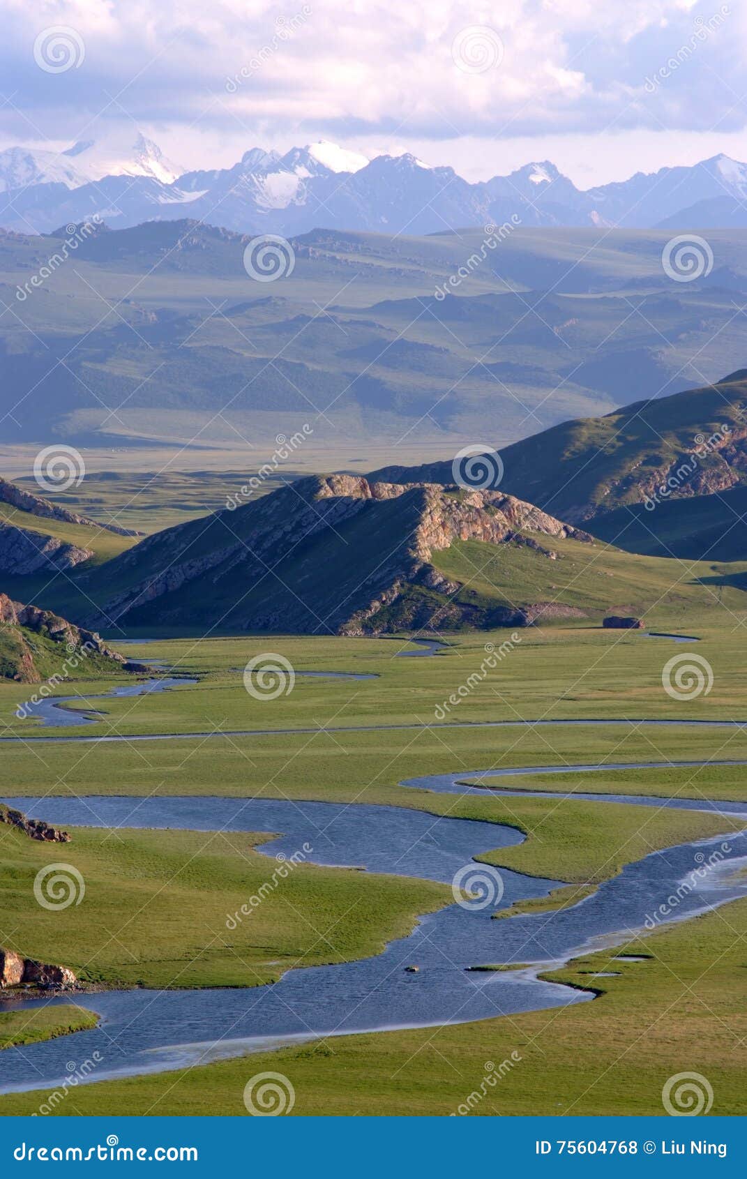 River on the Prairie Mountains Snow-berg Stock Photo - Image of meadows ...