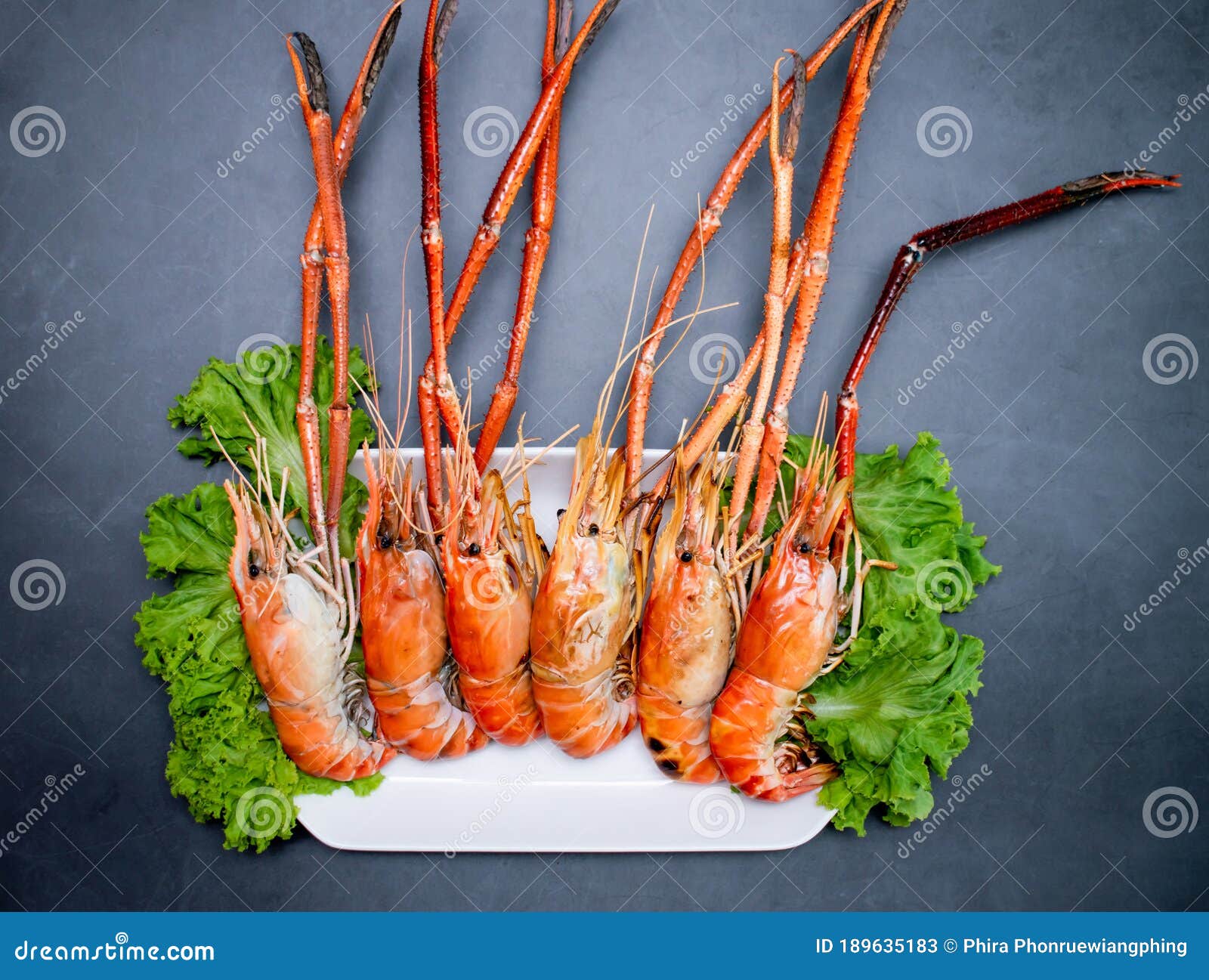 River Prawns Cooked with Green Vegetables on a White Plate. Top View ...