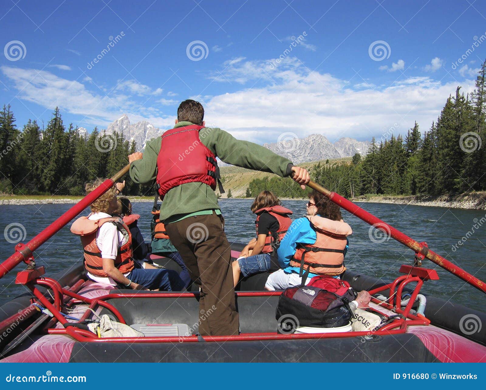River Rafting In Greece Above View. People In Safety Gear On A Raft ...
