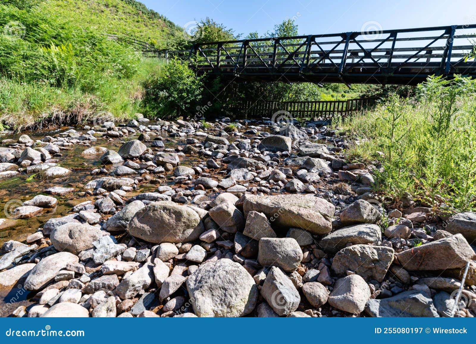 River of Rocks Passing Under Two Different Bridges in Nature. Stock ...