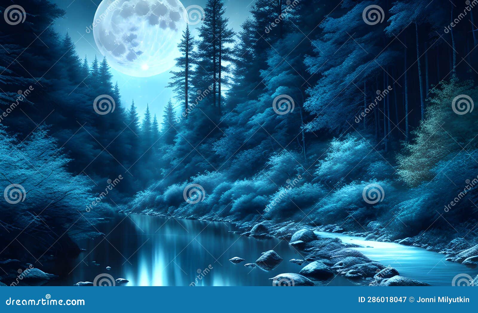 River Running, Blueish Moonlight, Dark Forest with a Full Moon in the ...