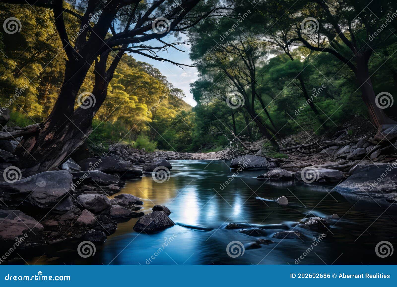 A River Running through a Forest with Rocks and Trees Stock ...