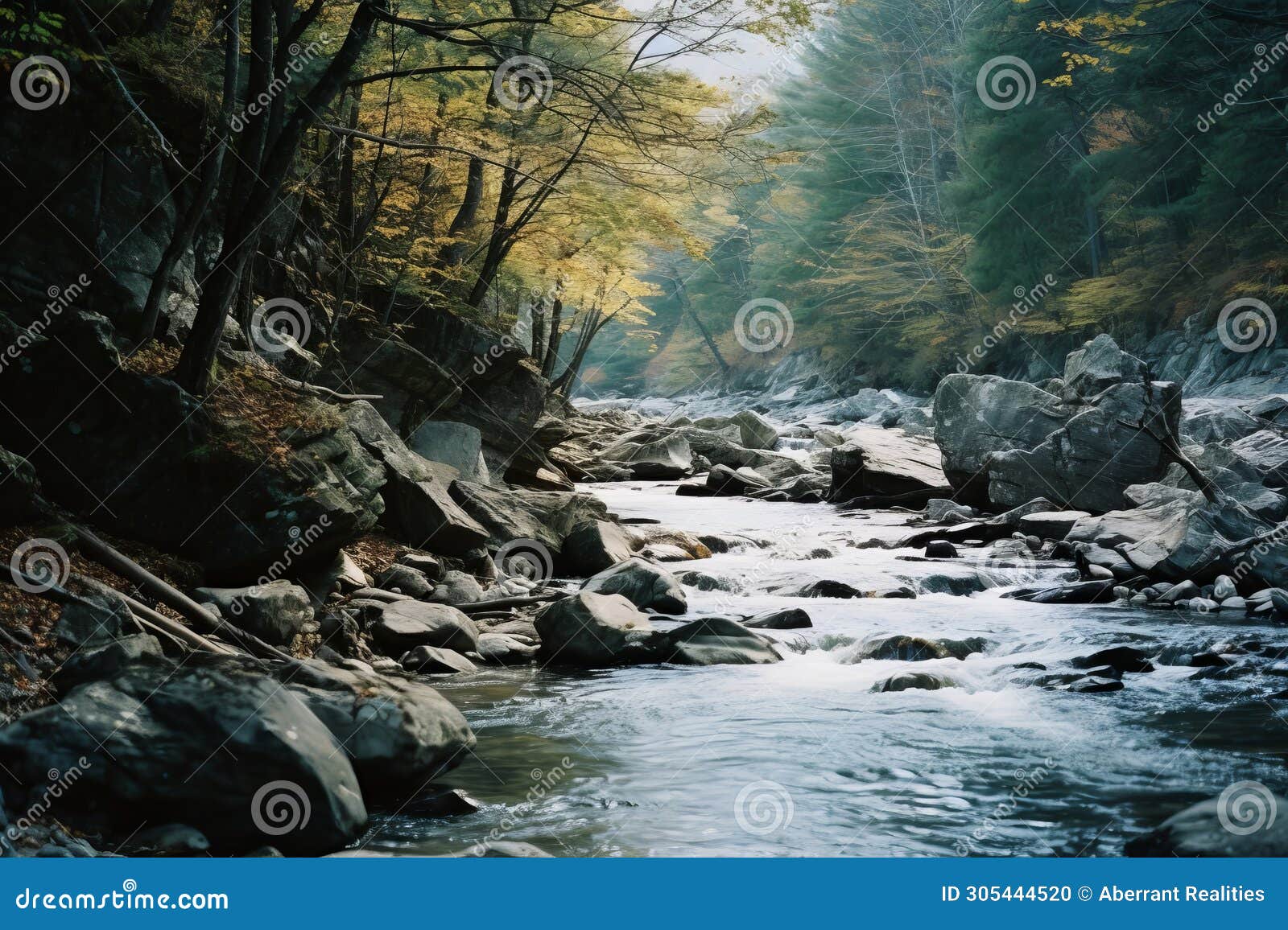 A River Running through a Forest with Rocks and Trees Stock ...